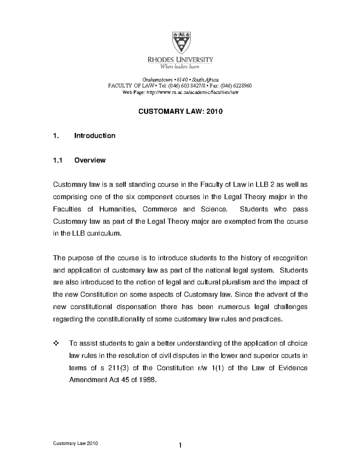 Customary Law LLB 2010: Overview, Application & Legal Principles - Studocu
