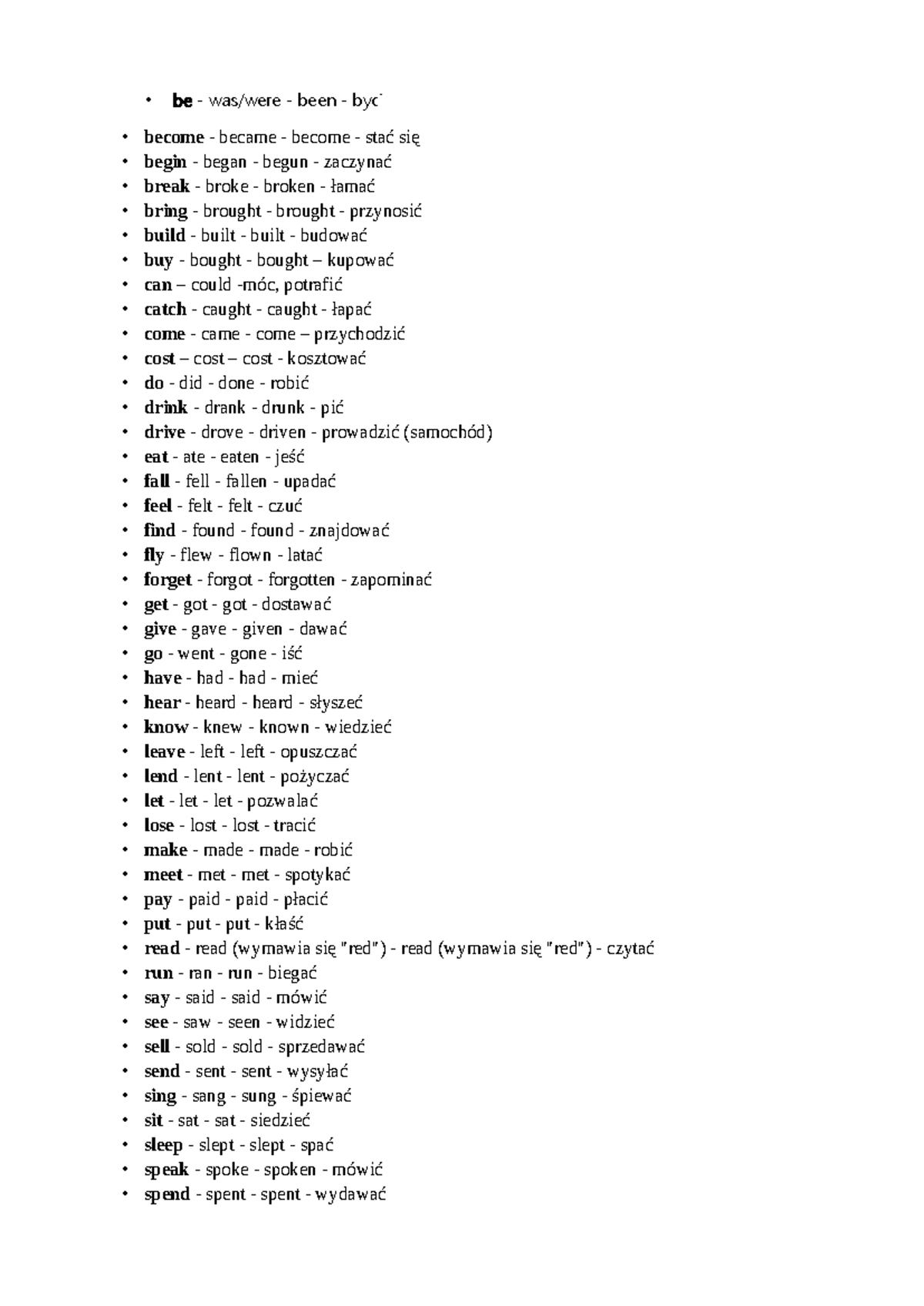 Irregular Verbs List with Translations - ENG 101 - Studocu