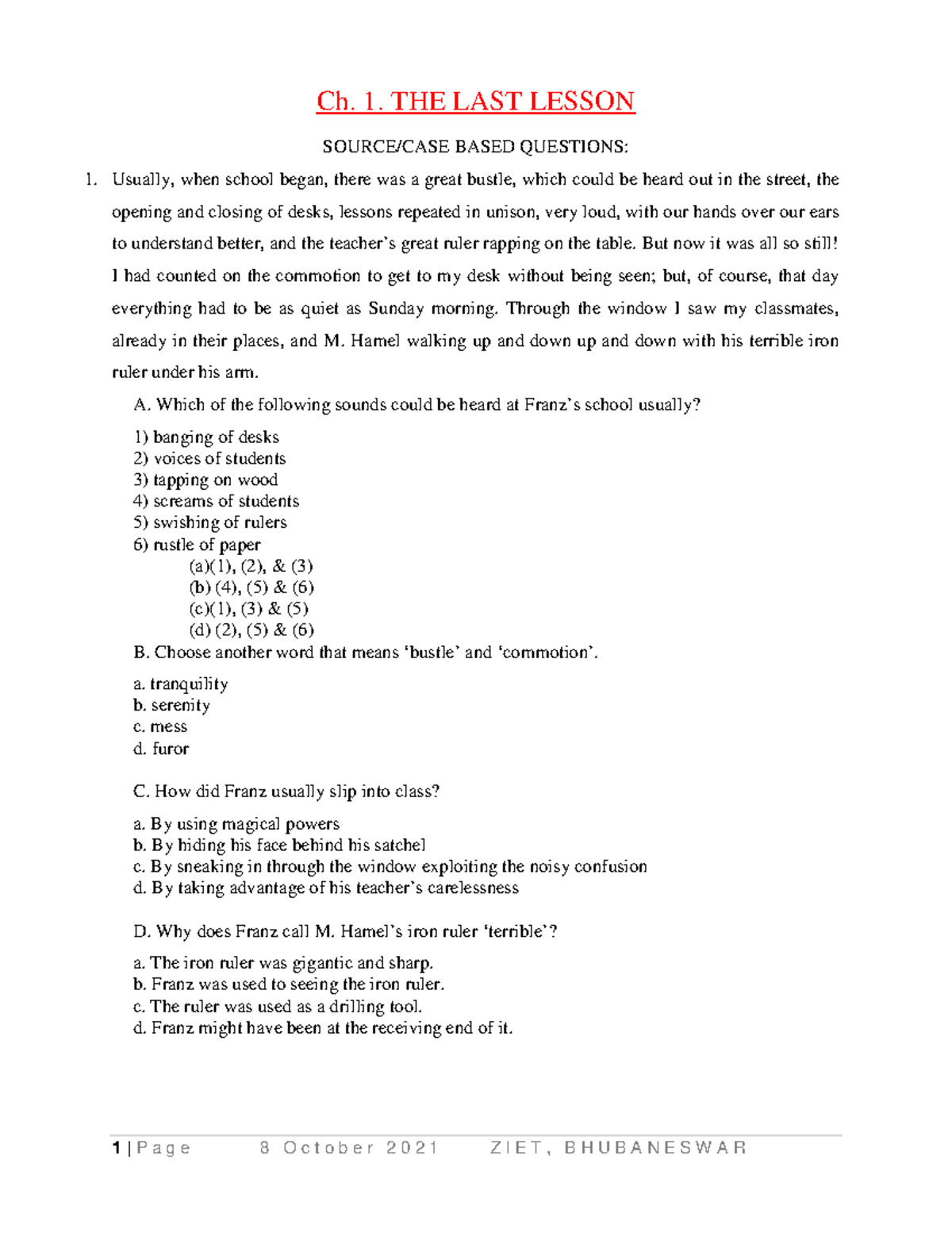Chapter 1 SBQ - The Last Lesson Analysis and Questions - Studocu
