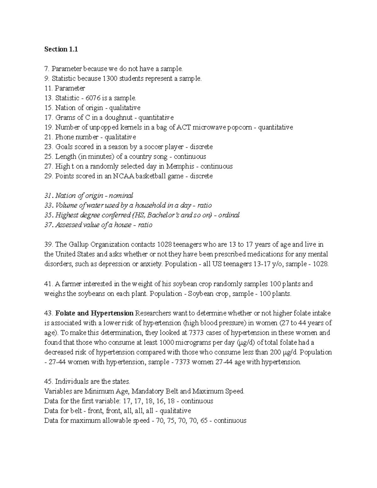 Math 136 Homework - Book: Sullivan - Statistics - Section 1. Parameter because we do not have a ...