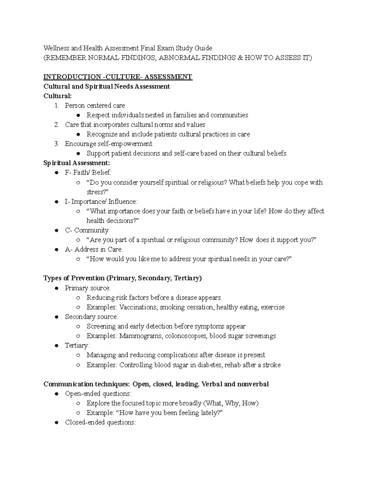 Final Exam Study Guide for Wellness & Health Assessment (NUR 101) - Studocu