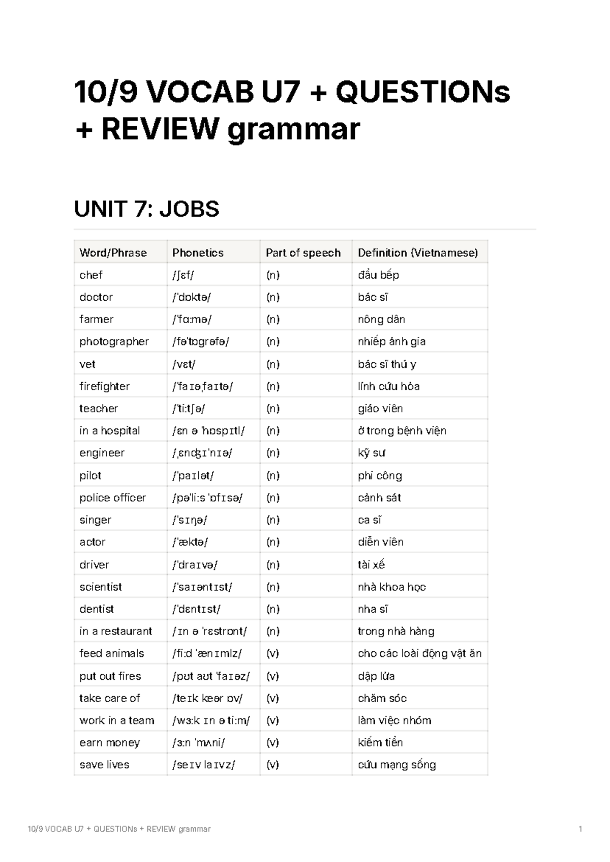 U7 Vocabulary & Questions Review + Grammar Practice - Studocu