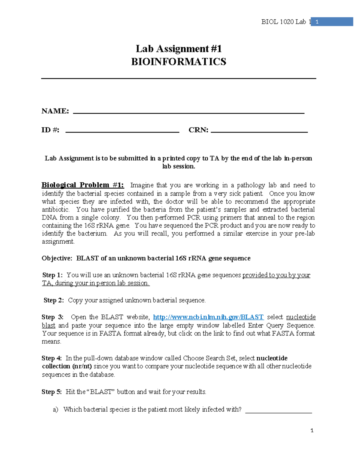 Lab 1- Bioinformatics Lab Assignment W2024 - BIOL 1020 Lab 1 Lab ...