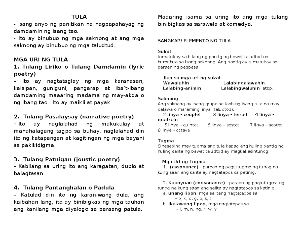 Tula - Reviewer para sa Sangkap at Uri ng Tula sa Filipino - Studocu