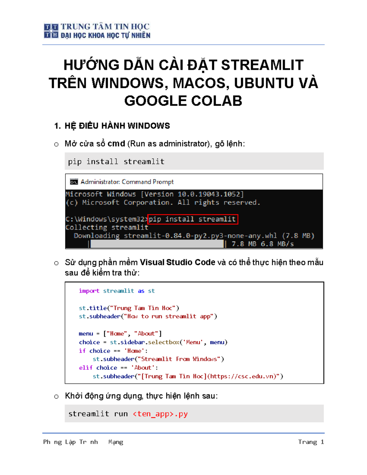 HƯỚNG DẪN CÀI ĐẶT STREAMLIT TRÊN WINDOWS, MACOS, UBUNTU VÀ GOOGLE COLAB - Studocu