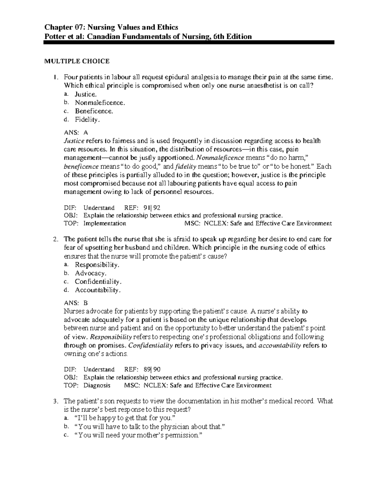 7 how to nurse - Example questions - Chapter 07: Nursing Values and ...
