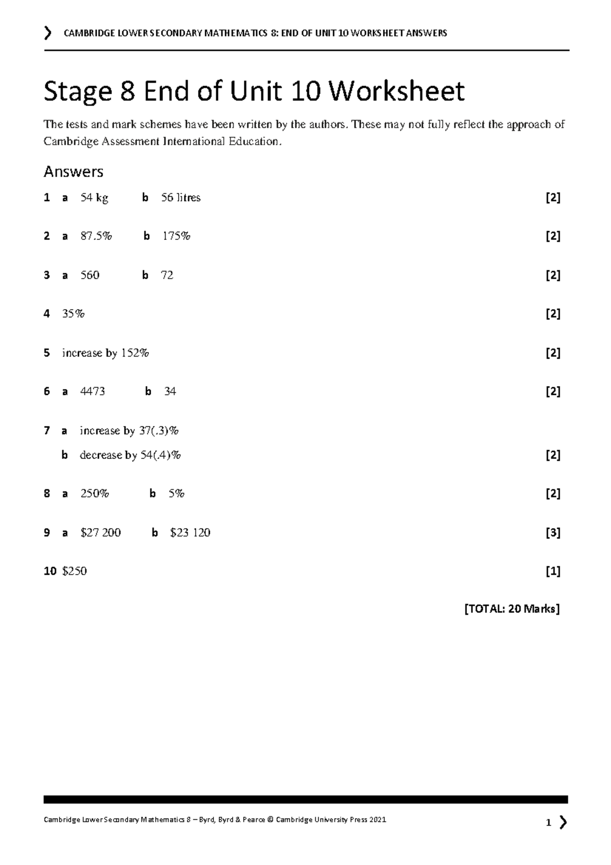 End of Unit 10 Worksheet Answers - CAMBRIDGE LOWER SECONDARY ...