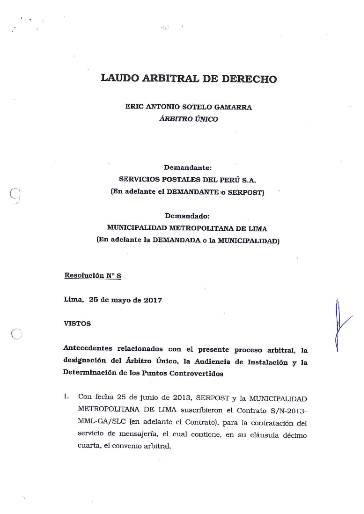 Laudo Arbitral SERPOST S.A. vs. MUNILIMA - Expediente 2017 - Studocu