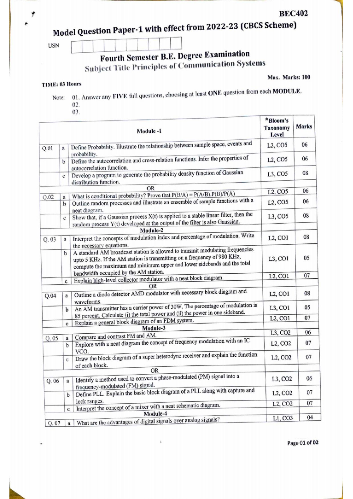 BEC402 Model Question Paper: Principles of Communication Systems - Studocu