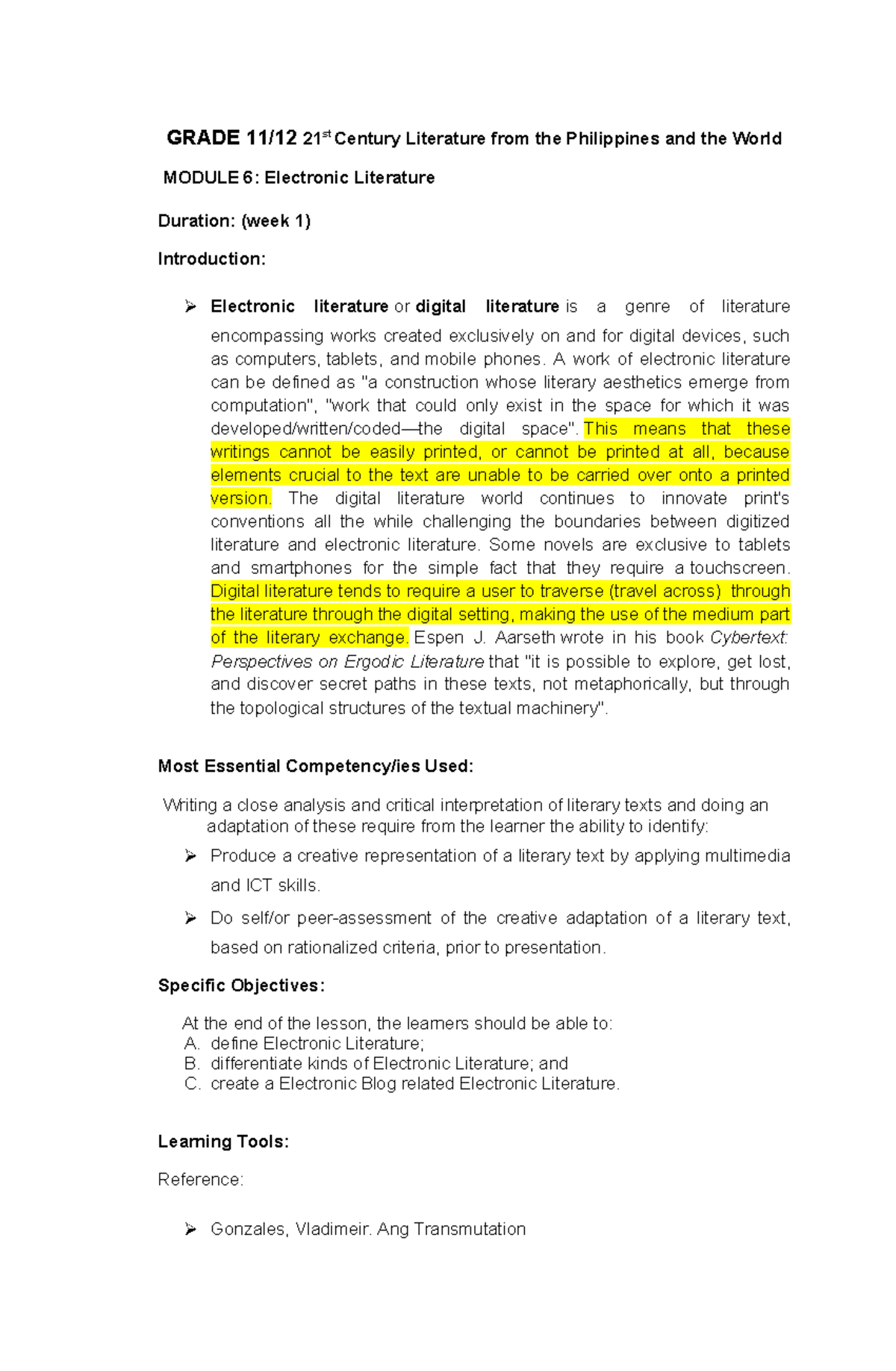 21st CLPW - Lesson 6: Exploring Electronic Literature - Studocu