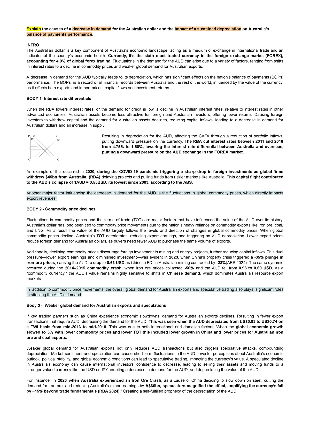 Economics Task 2 - 18/20 Essay on AUD Demand Decrease & BOP Impact ...