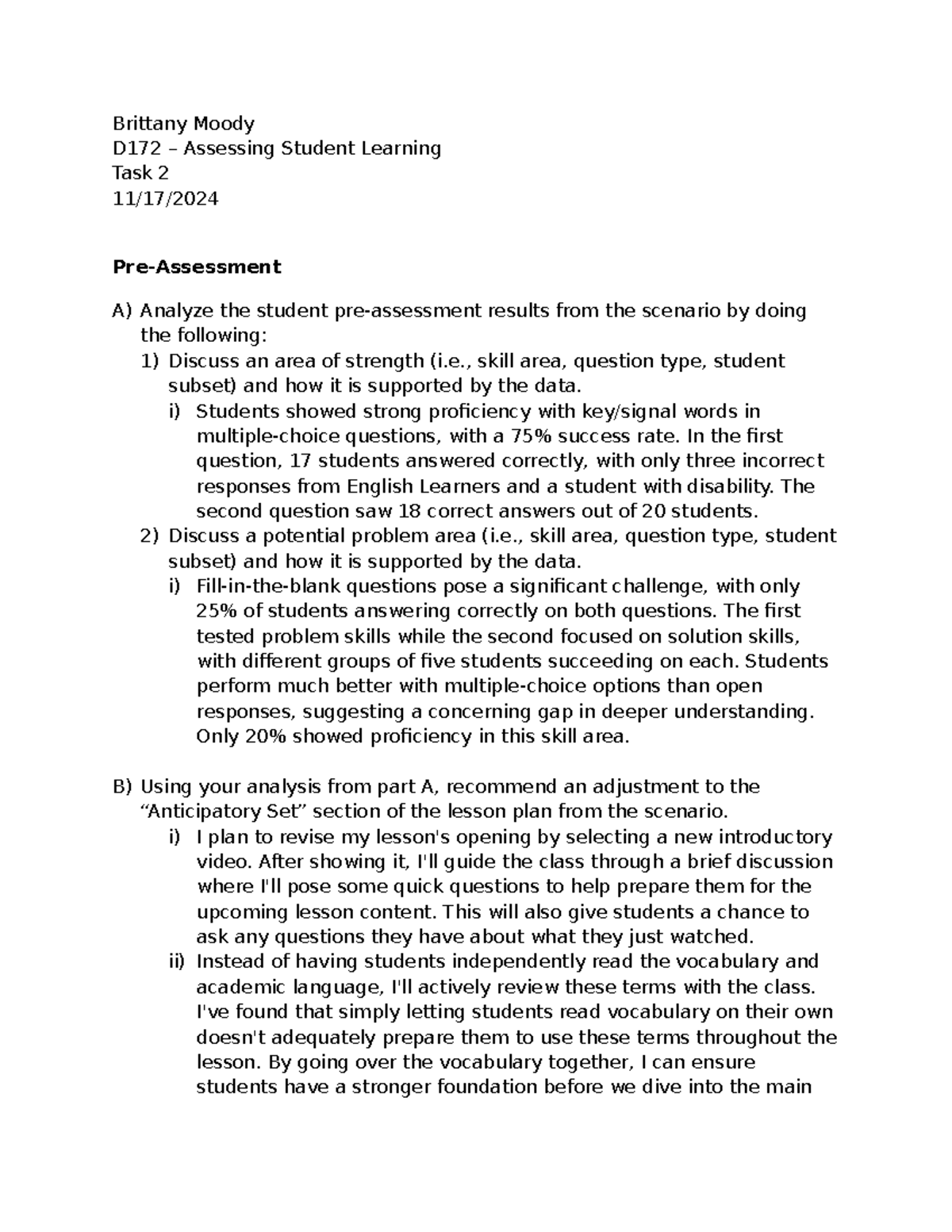 Task 2 - Passed - Brittany Moody D172 – Assessing Student Learning Task 2 11/17/ Pre-Assessment ...
