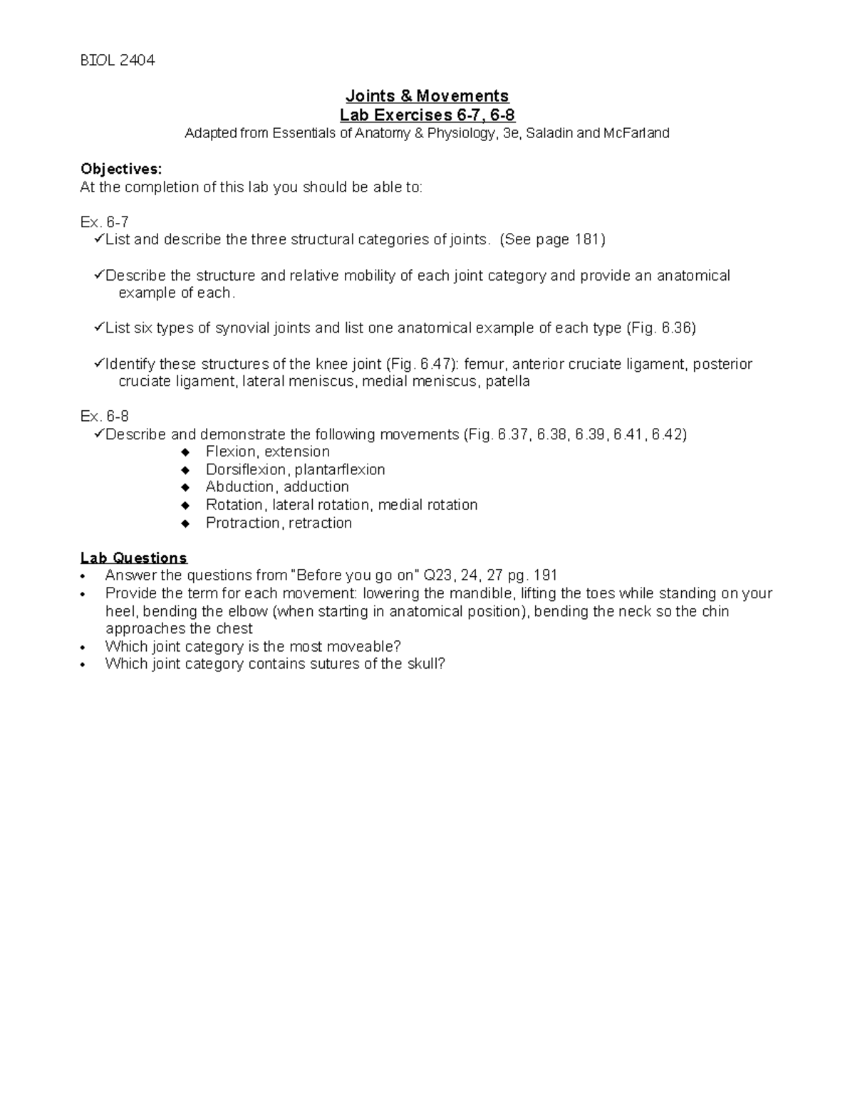BIOL 2404 Lab Notes: Joints & Movements Exercises 6-7, 6-8 - Studocu