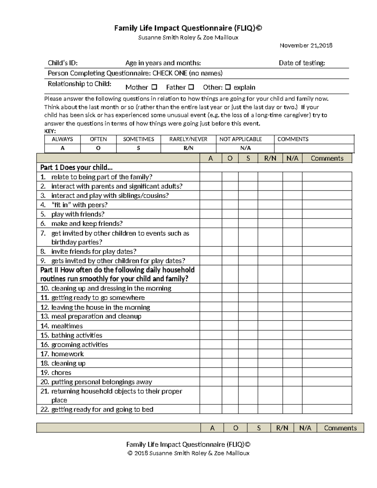 Revised Family Life Impact Questionnaire (FLIQ) - November 2018 - Studocu