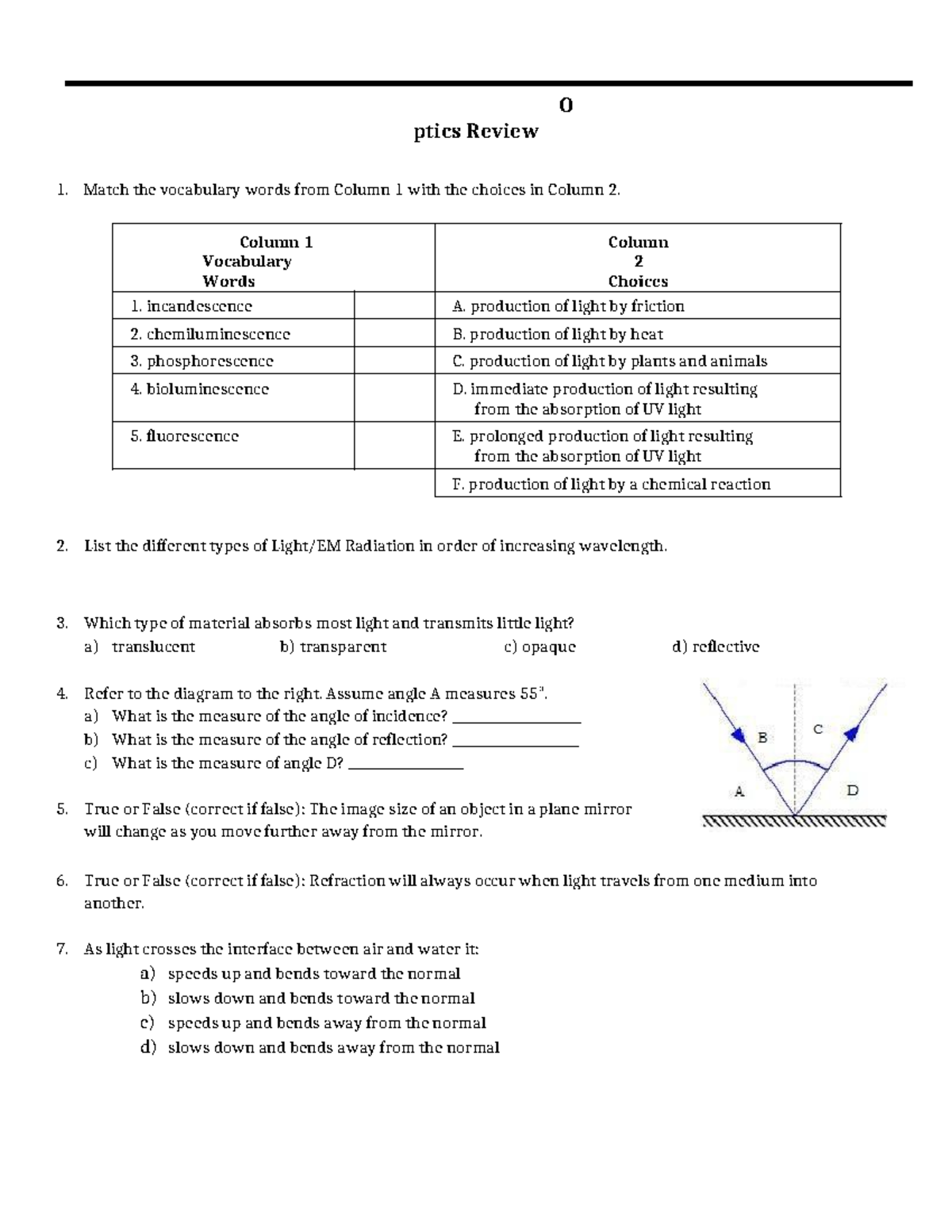 Optics Review Worksheet: Vocabulary & Concepts Matching - Studocu
