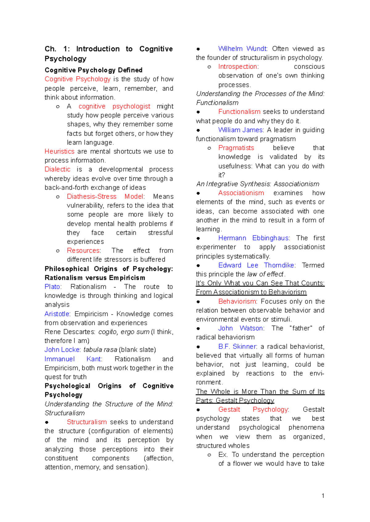 Cognitive Psychology Notes: Ch. 1 & 3 Overview and Key Concepts - Studocu