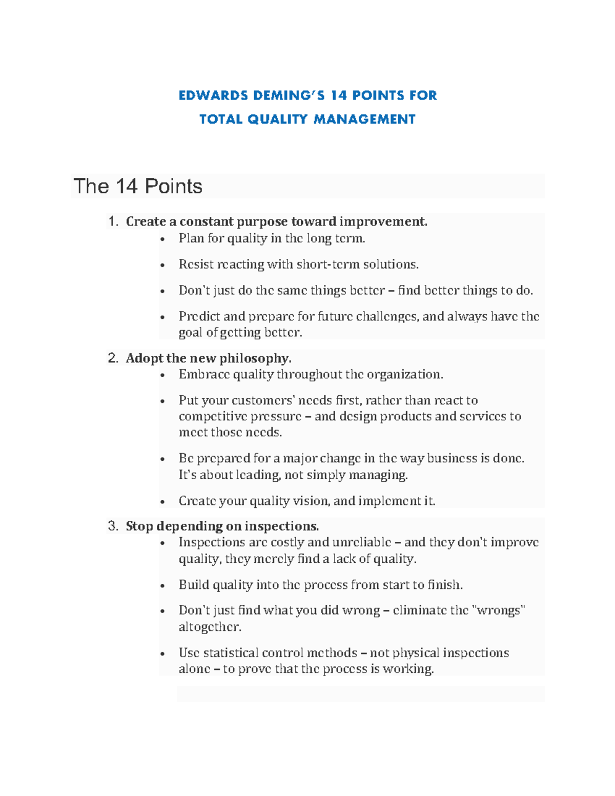 Edward Deming's 14 Points for Total Quality Management - EDWARDS DEMING ...