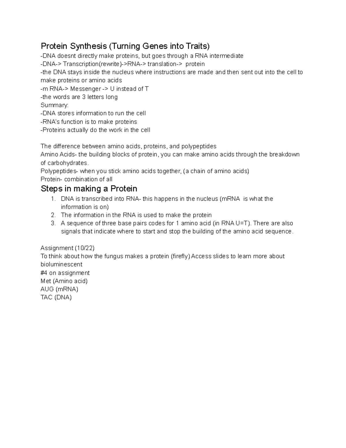 Protein Synthesis - Lecture notes Week 8 lectures - Protein Synthesis ...