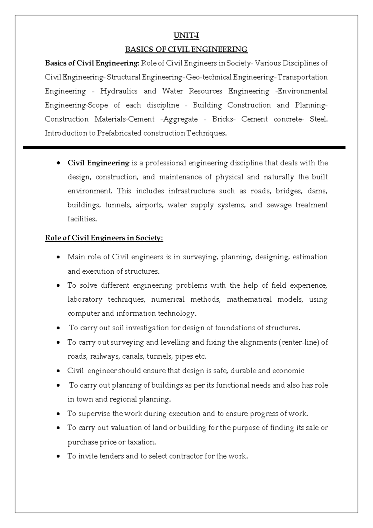 BCME Unit-I 2024-25 - Fundamentals of Civil Engineering - Studocu