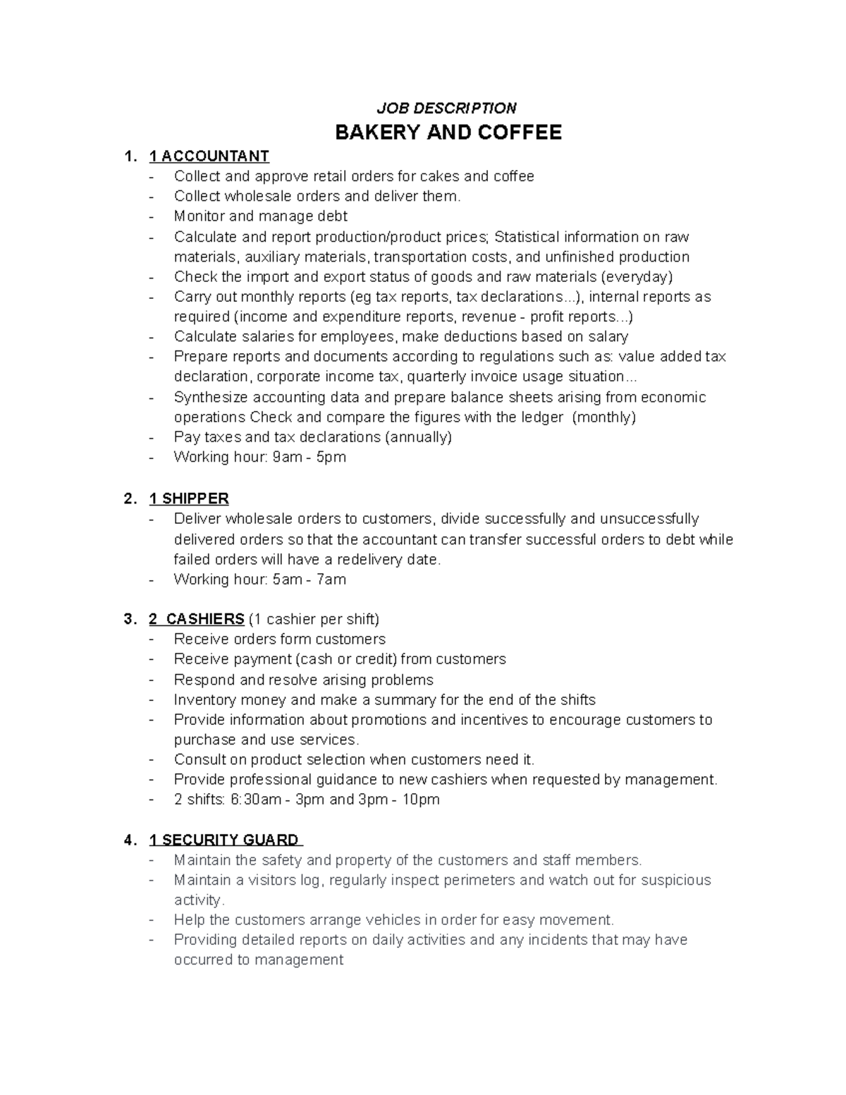 PM G6 F&B( Bakery AND Coffee) PM04 - JOB DESCRIPTION BAKERY AND COFFEE ...