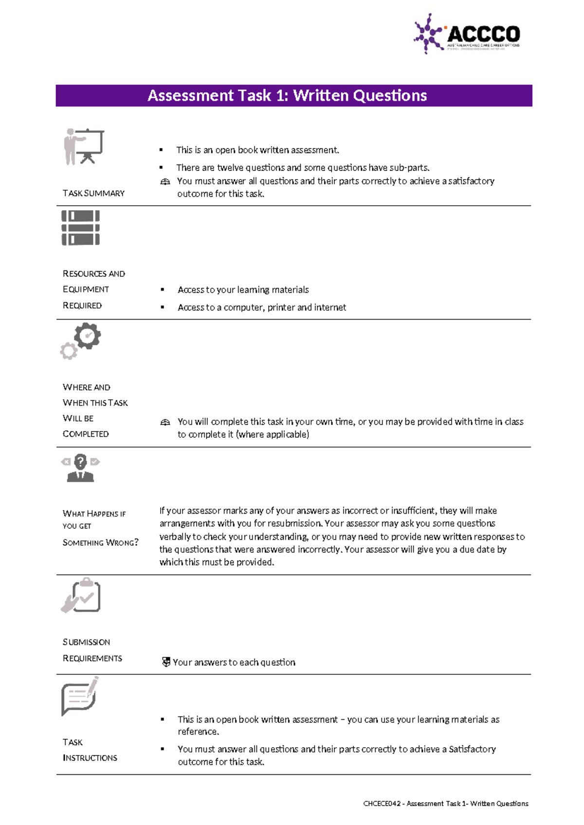 CHCECE042 - Written Assessment Task 1: Open Book Questions Guide - Studocu