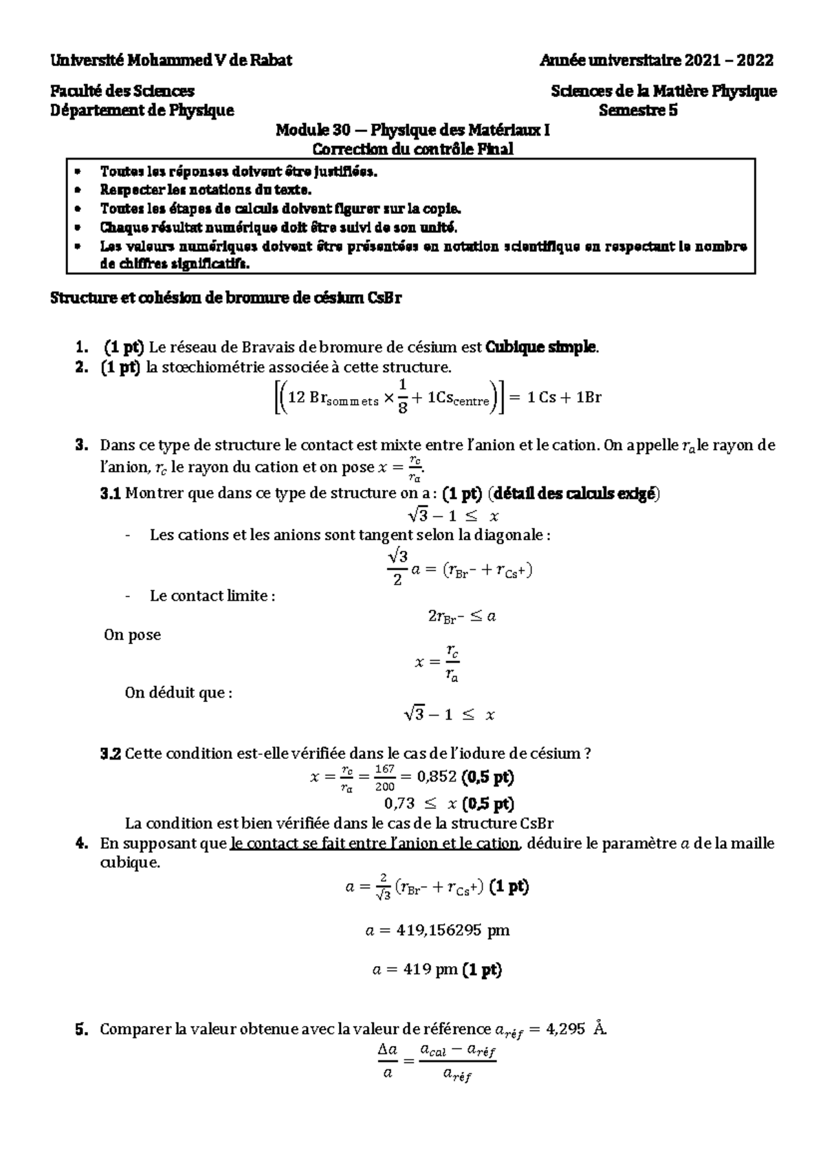 Correction CF1 - Contrôle Final sur la Physique des Matériaux I (Module ...