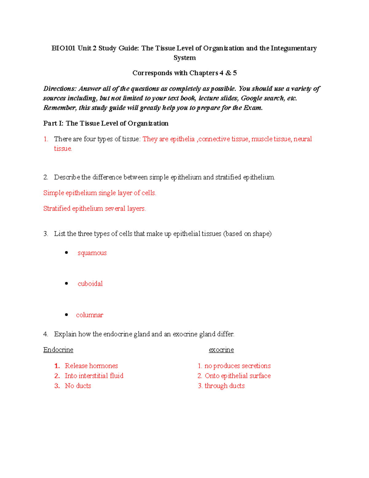BIO101 Unit 2 study guide: Tissue organization and integumentary system ...