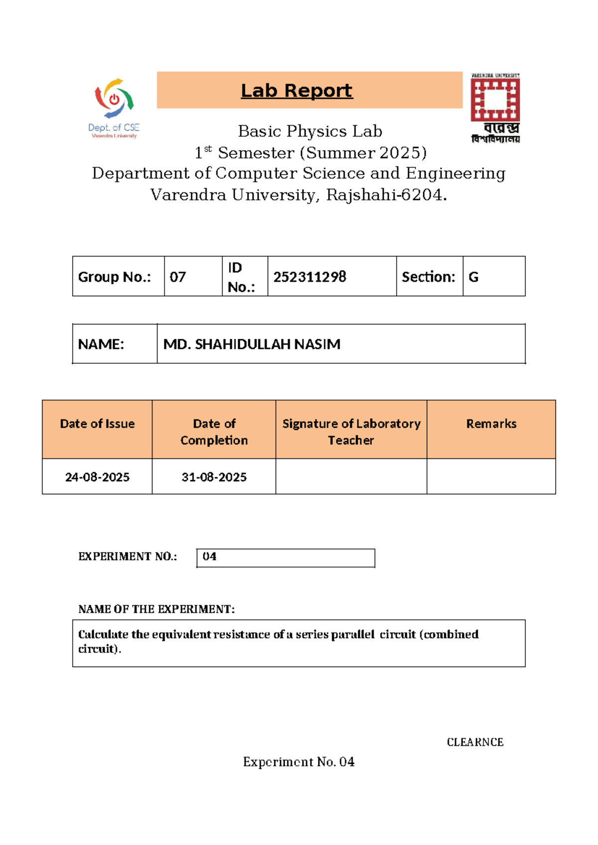 Lab Report: Equivalent Resistance in Series-Parallel Circuits (CSE 101) - Studocu
