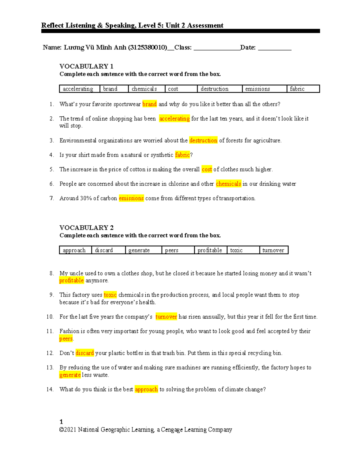 UNIT 2 Reflect Listening & Speaking 5 Assessment Answer Key - Studocu