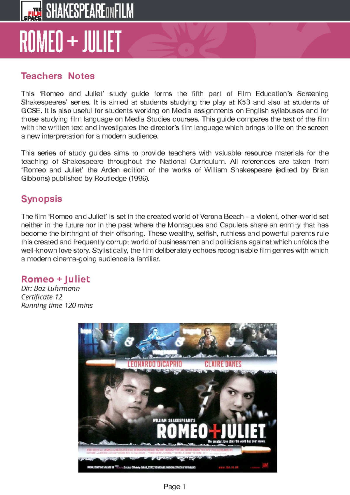 SHAKESPEARE ON FILM: ROMEO & JULIET Study Guide for K53 & GCSE - Studocu