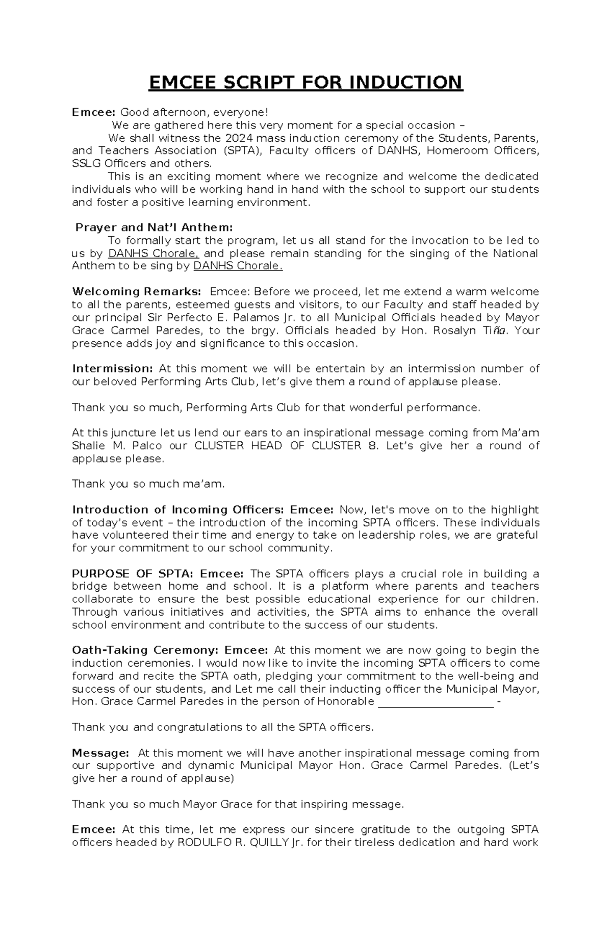 Emcee Script for SPTA Induction Event 2024 - Studocu