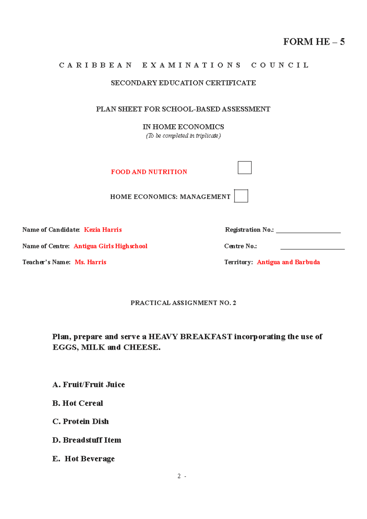 Food and Nutrition Plan Sheet for Home Economics Assessment - Studocu