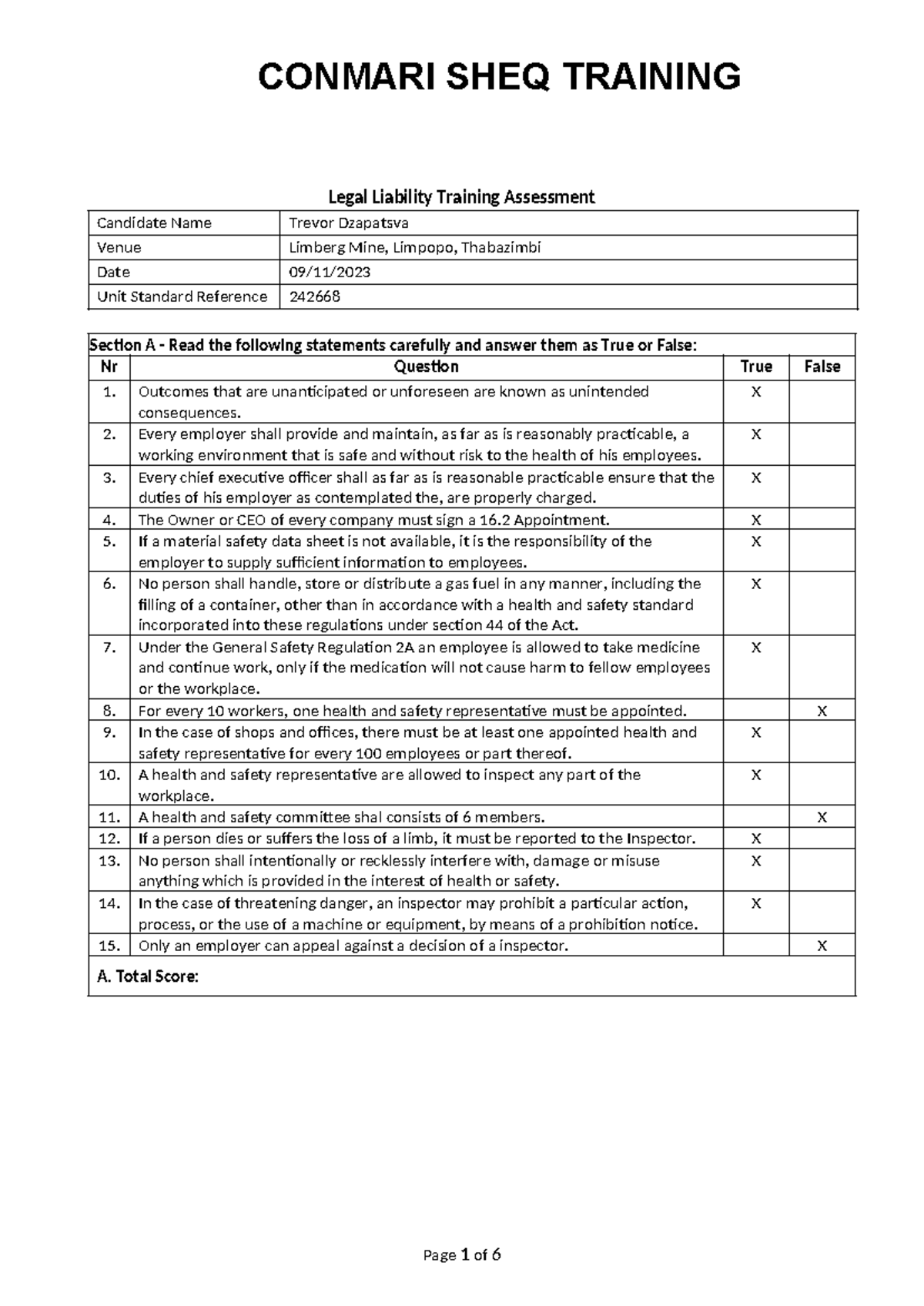 Legal Liability Training Assessment Questionnaire 242668 - Studocu