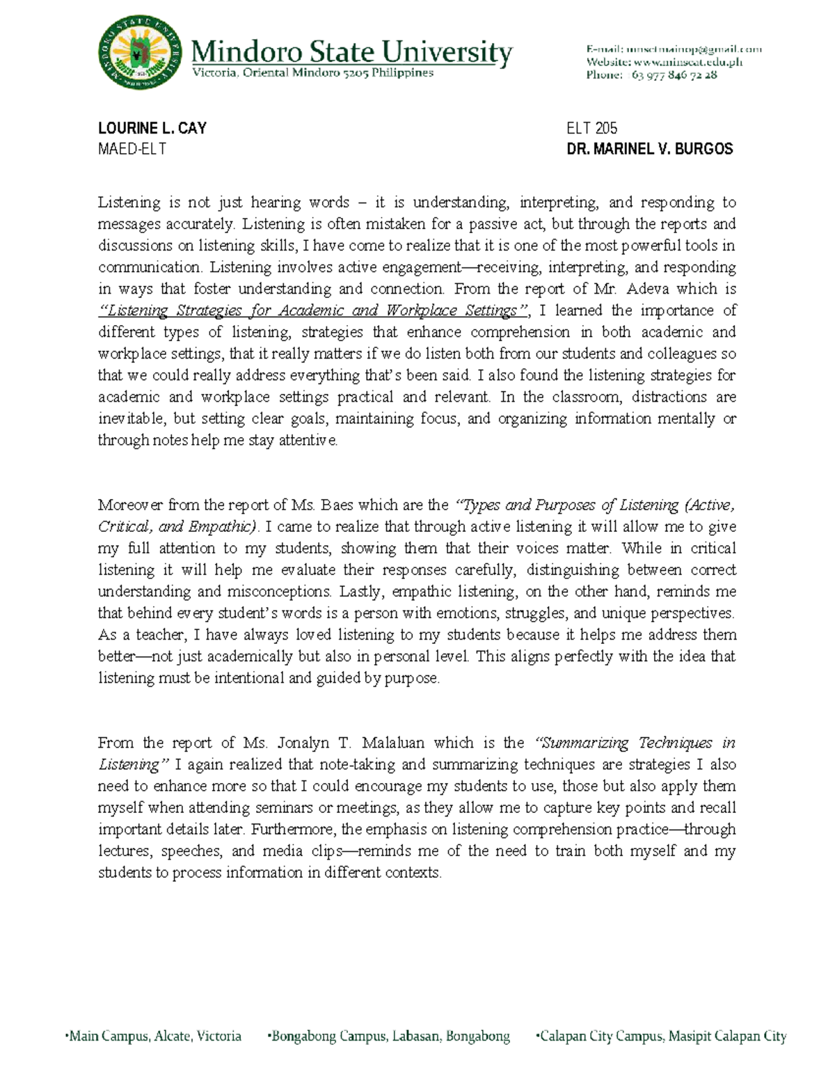 Reflective Essay on Listening Skills in ELT 205 - Studocu