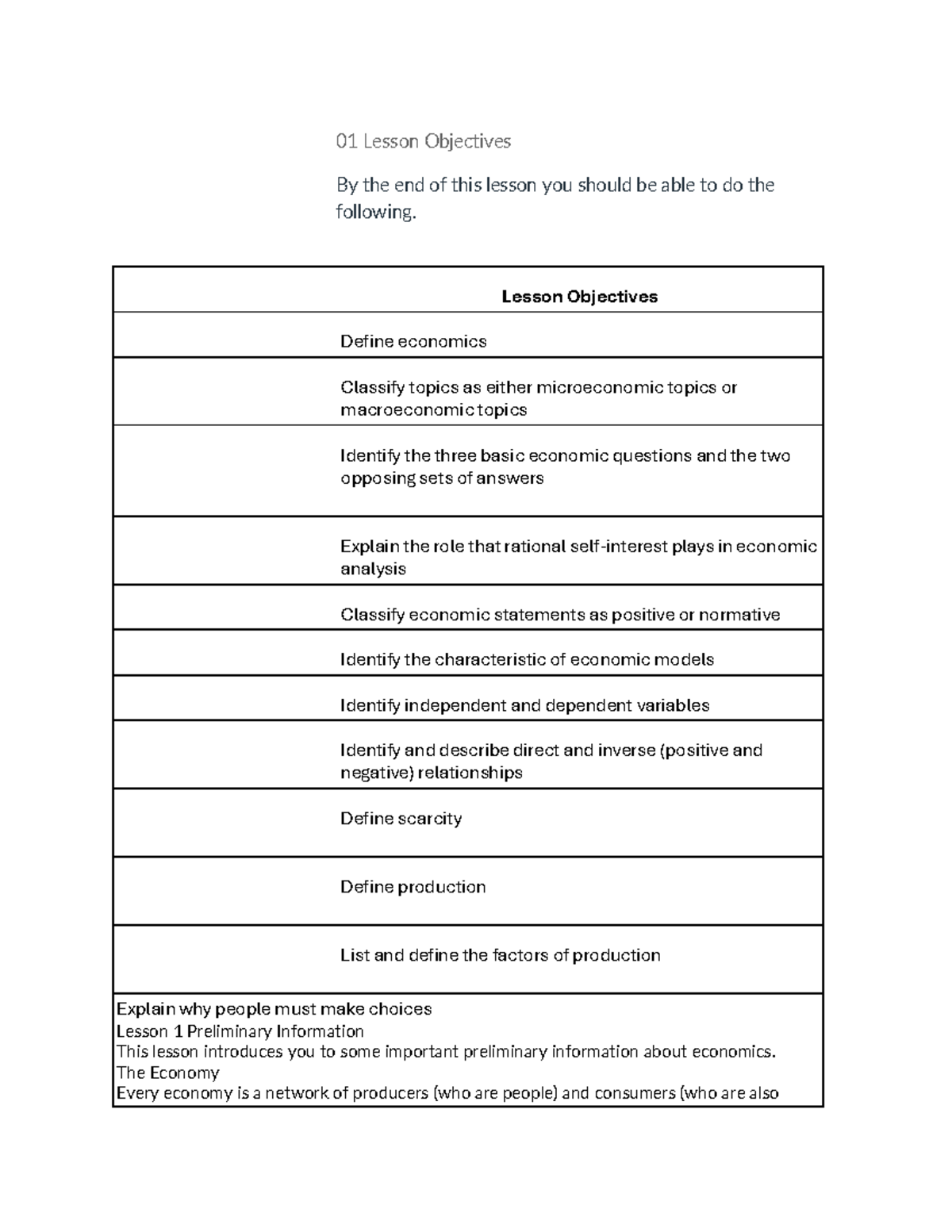 Introduction to Economics: Lesson 01 - Objectives and Key Concepts ...
