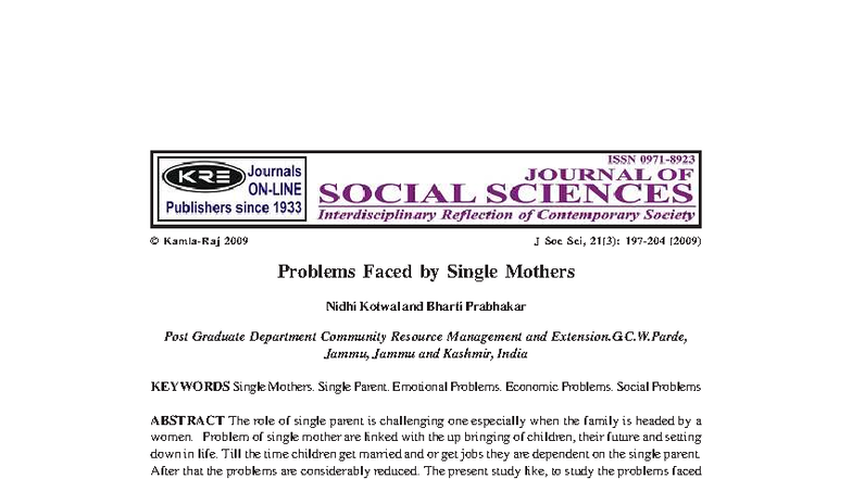Problems Faced by Single Mothers: A Study on Emotional, Economic, and ...