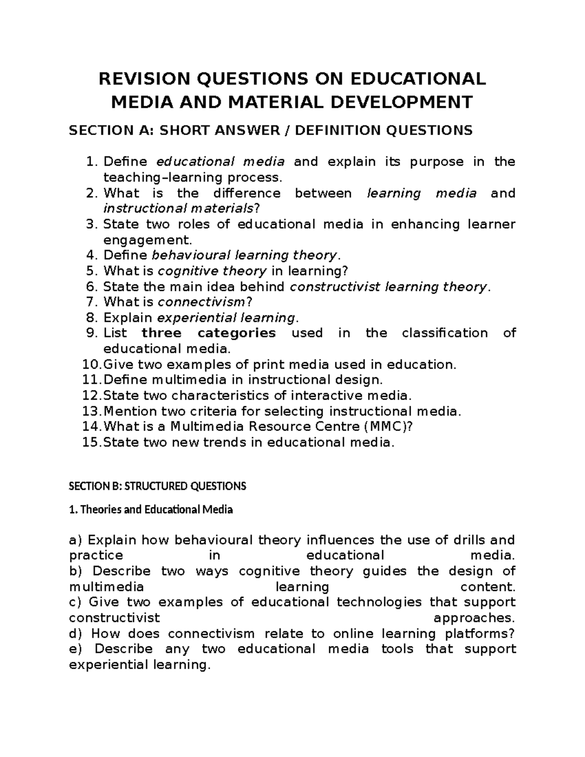 Revision Questions on Educational Media & Material Development (EDU 101 ...