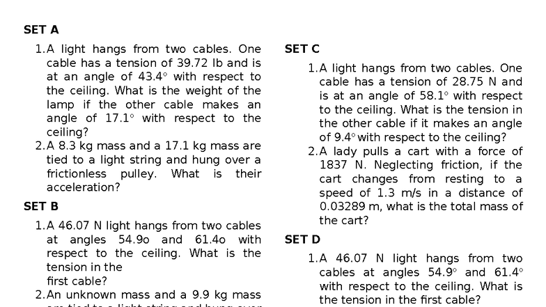 Physics PT: Tension and Acceleration Problems (SET A-D) - Studocu