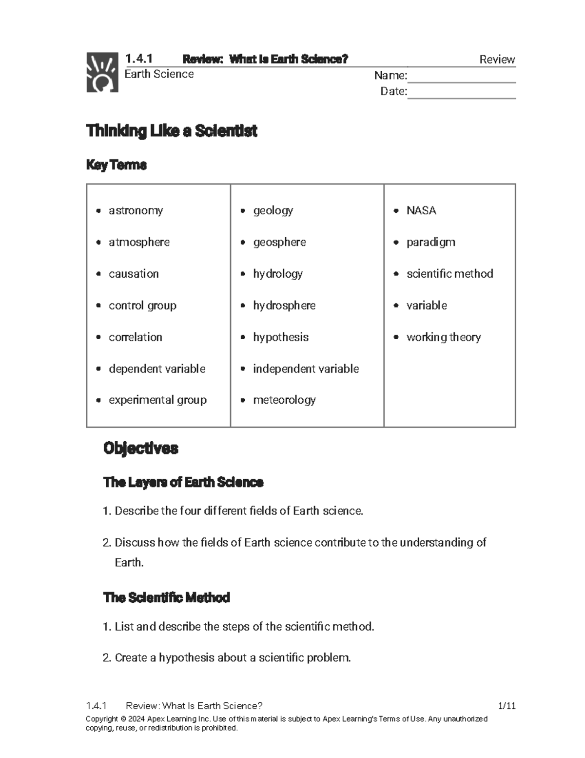 Earth Science Concepts and Scientific Method Review (Course Code: 1.4.1 ...