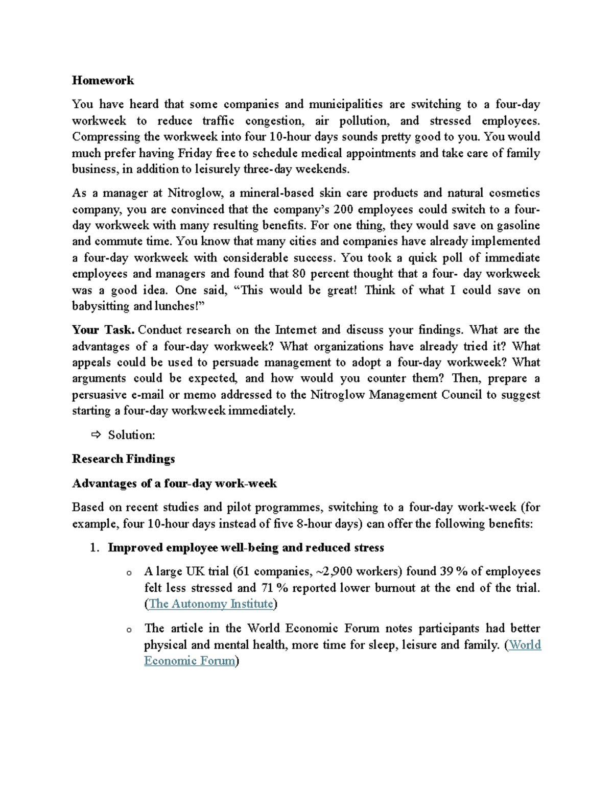 Business Communication HW: Proposal for 4-Day Workweek at Nitroglow ...