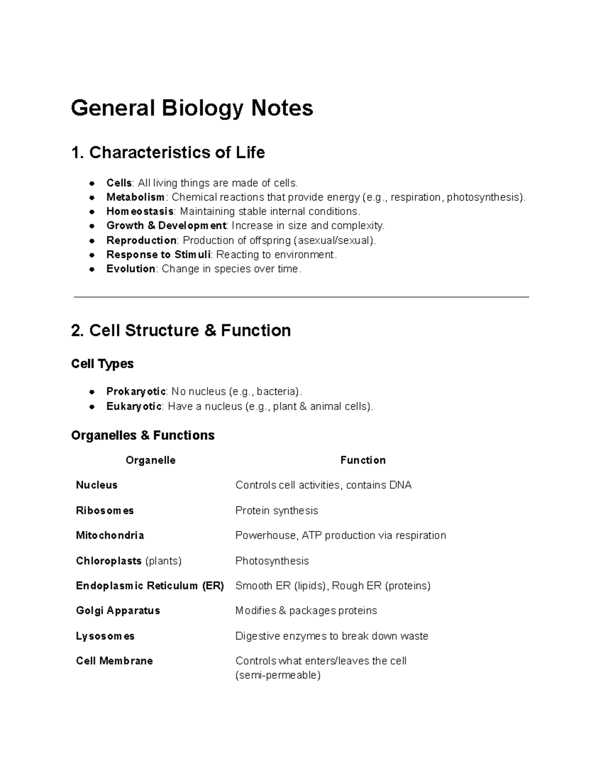 General Biology Notes - Characteristics of Life Cells: All living ...