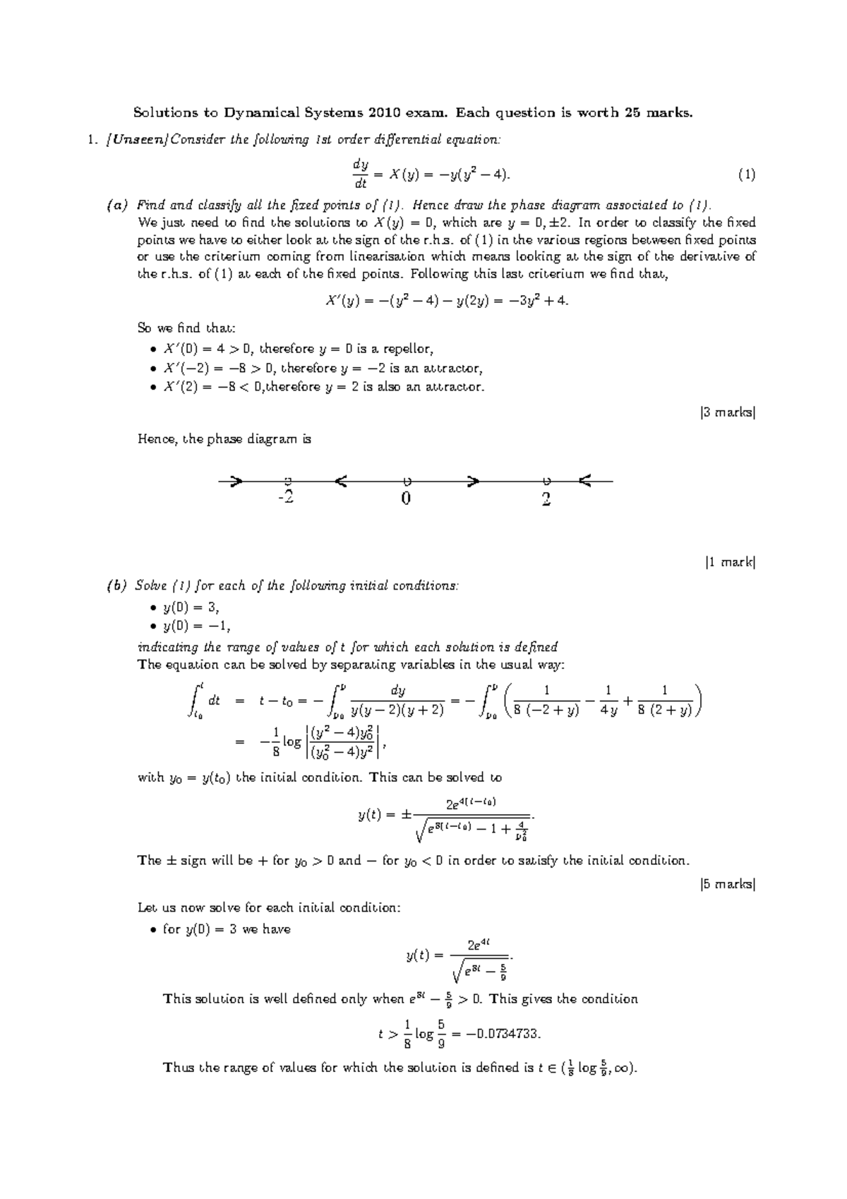 Dynamical Systems Assignment Solutions - 2010 Exam Analysis - Studocu