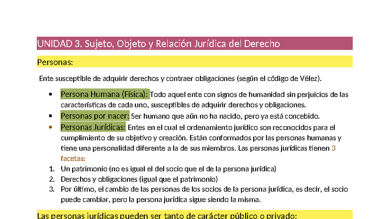 Unidad 3: Sujeto, Objeto y Relación Jurídica en Derecho de Personas ...