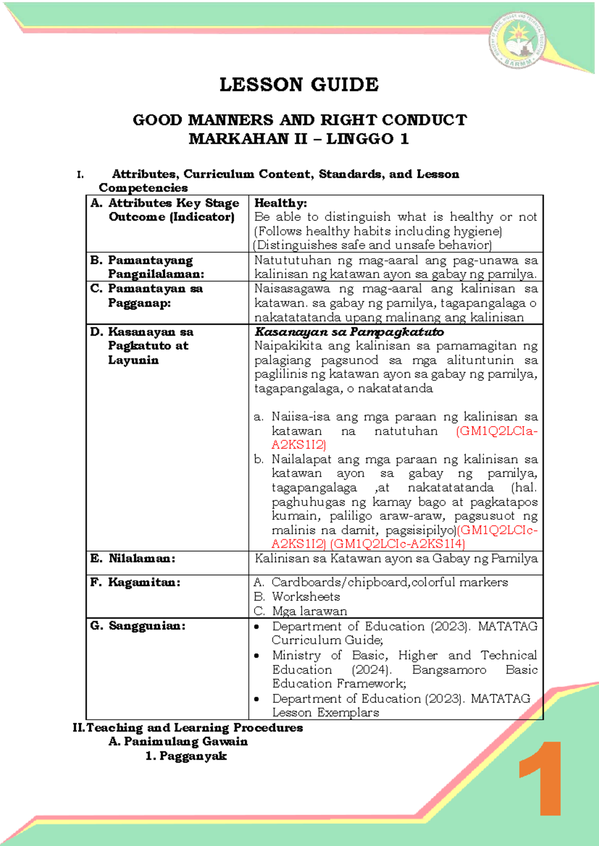 LG G1 GMRC Q2 W1: Good Manners and Right Conduct Lesson Guide - Studocu