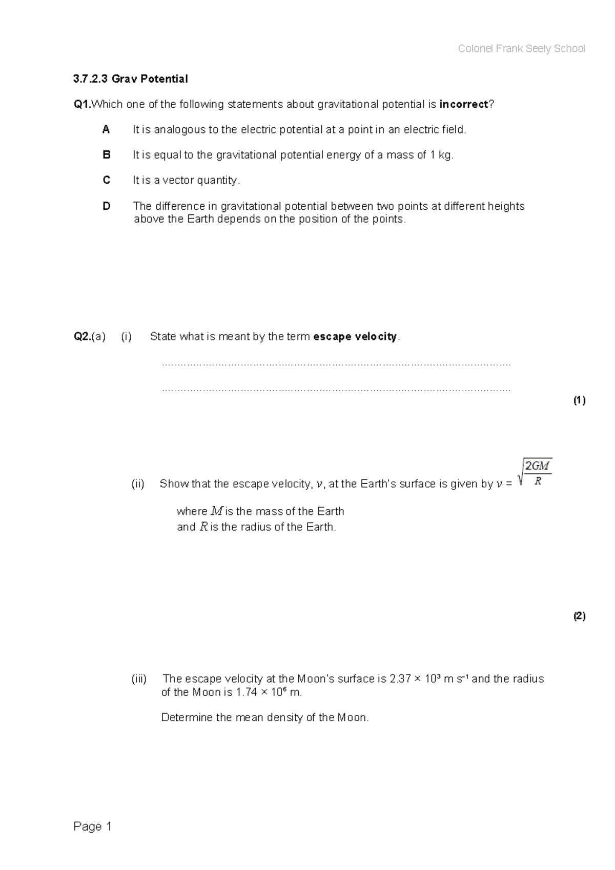 Colonel Frank Seely School 3.7 Gravitational Potential Study Notes ...