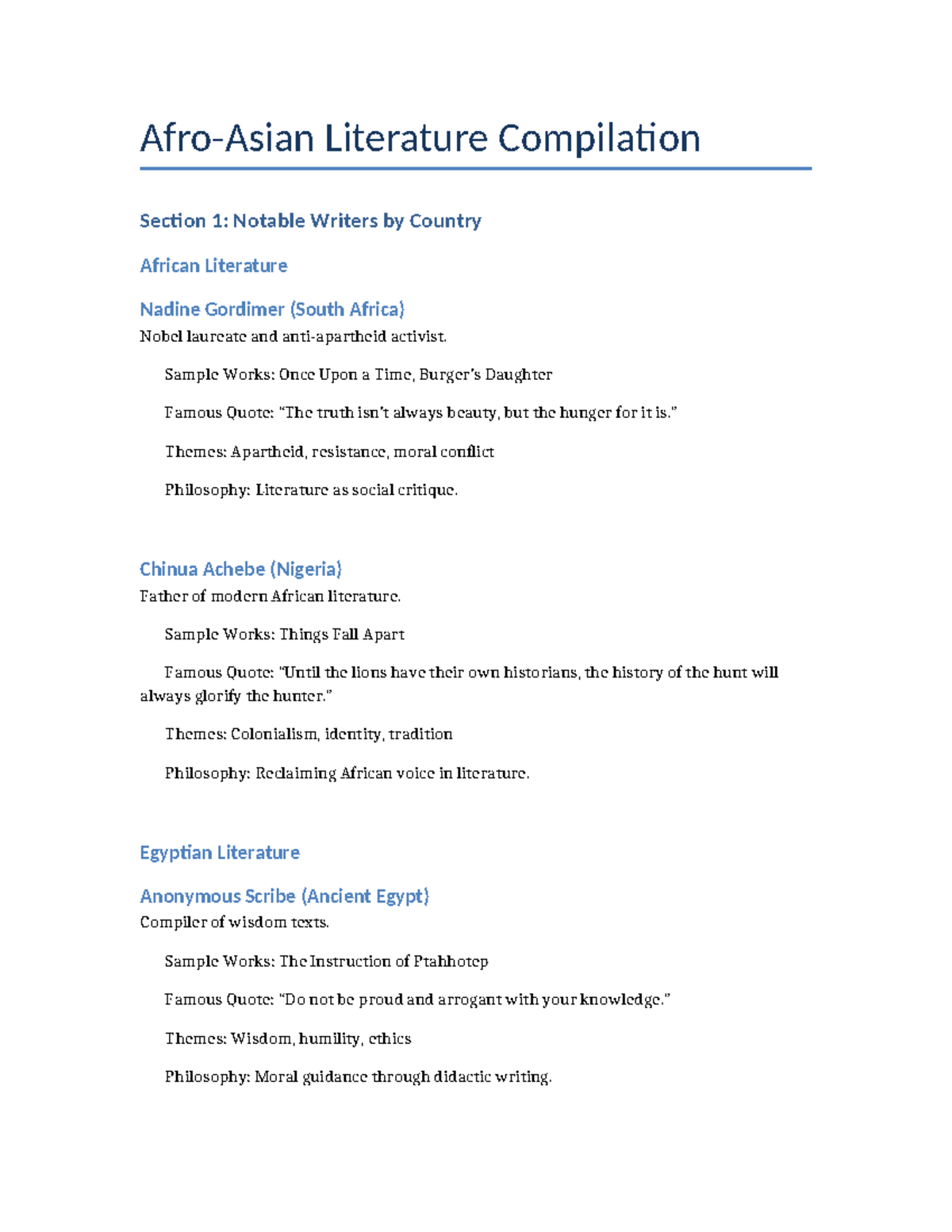 Afro-Asian Literature Compilation: Notable Writers & Themes - Studocu