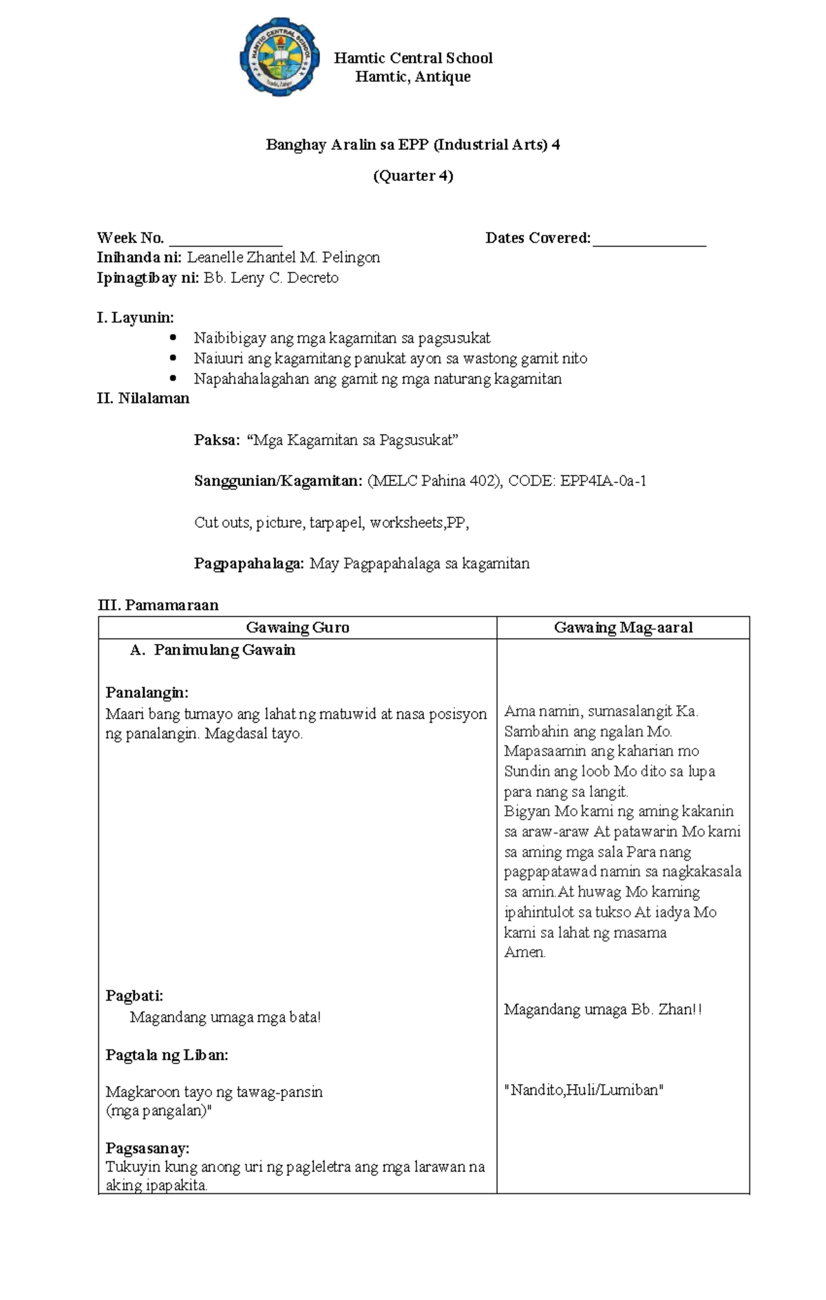Lesson-Plan-in-EPP 4 - lP - Hamtic, Antique Banghay Aralin sa EPP ...
