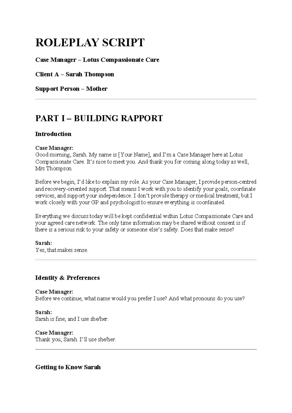 ROLEPLAY SCRIPT Task 1: Case Manager Interactions at Lotus ...