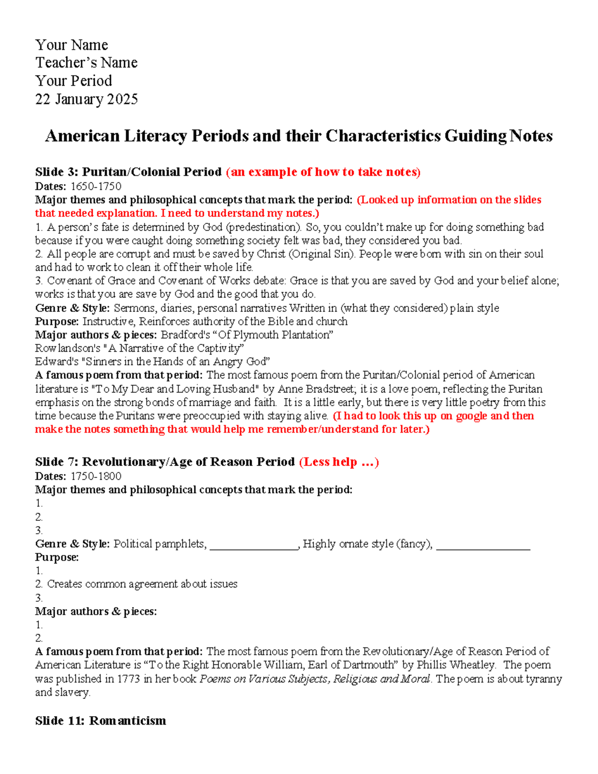 Litary Periods Notes - Your Name Teacher’s Name Your Period 22 January ...