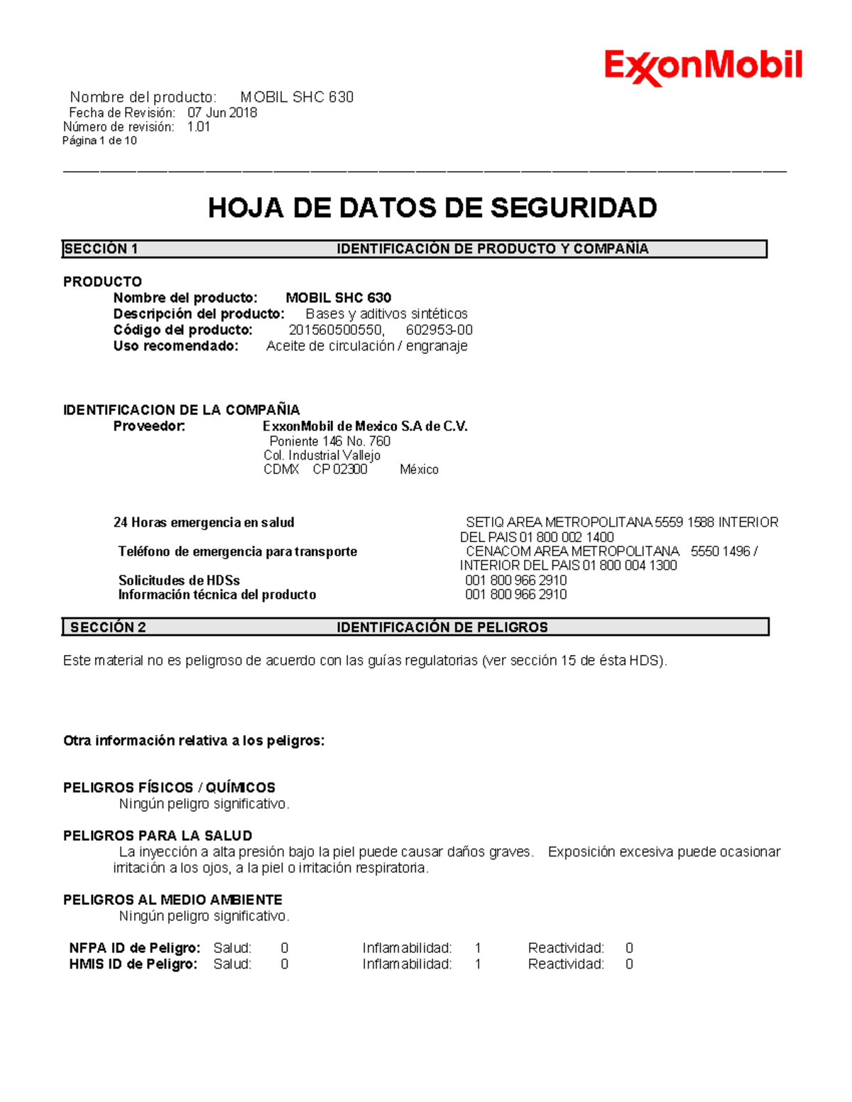 Hoja de Datos de Seguridad - Mobil SHC 630 - Aceite Lubricante - Studocu